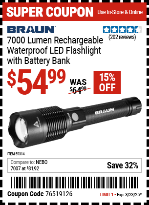BRAUN 7000 Lumen Rechargeable Waterproof LED Flashlight with Battery ...